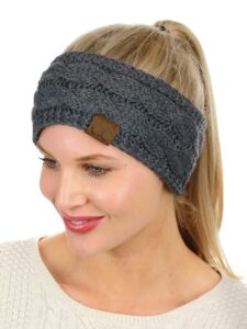 c.c soft stretch winter warm cable knit fuzzy lined ear warmer headband, dark melange gray