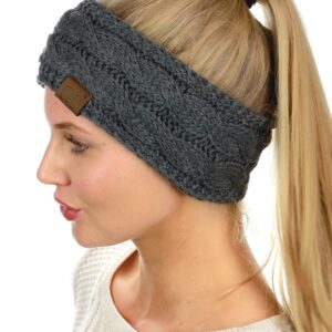 C.C Soft Stretch Winter Warm Cable Knit Fuzzy Lined Ear Warmer Headband, Dark Melange Gray