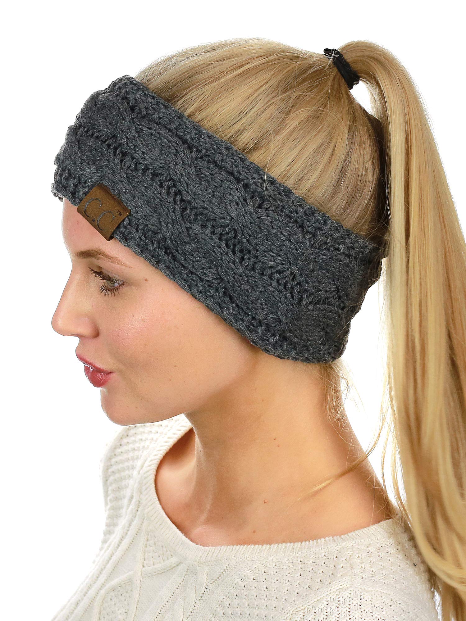 C.C Soft Stretch Winter Warm Cable Knit Fuzzy Lined Ear Warmer Headband, Dark Melange Gray