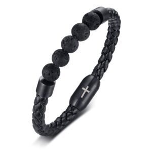 Beads Leather Bracelet for Men - Black Natural Stone Bracelets,Trendy Lava Rock Bead Braided Leather Bracelets Jewelry for Him,Anniversary Birthday Valentine's Day Christmas Gift for Men Cross