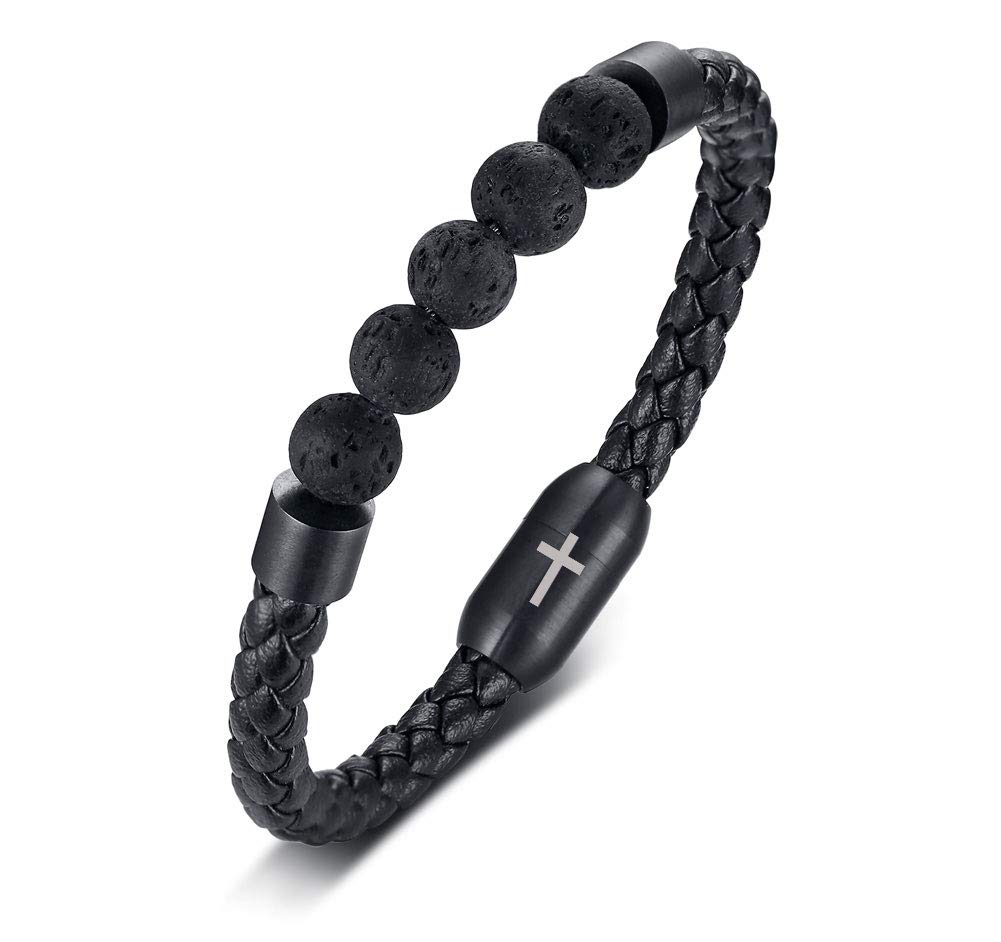 Beads Leather Bracelet for Men - Black Natural Stone Bracelets,Trendy Lava Rock Bead Braided Leather Bracelets Jewelry for Him,Anniversary Birthday Valentine's Day Christmas Gift for Men Cross