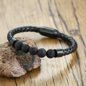 Beads Leather Bracelet for Men - Black Natural Stone Bracelets,Trendy Lava Rock Bead Braided Leather Bracelets Jewelry for Him,Anniversary Birthday Valentine's Day Christmas Gift for Men Cross