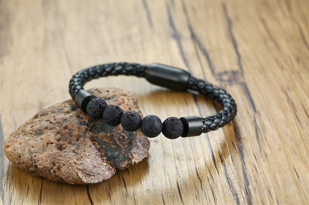 Beads Leather Bracelet for Men - Black Natural Stone Bracelets,Trendy Lava Rock Bead Braided Leather Bracelets Jewelry for Him,Anniversary Birthday Valentine's Day Christmas Gift for Men Cross