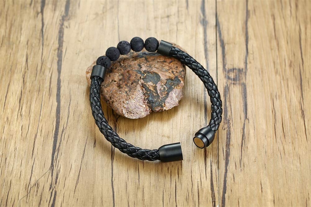 Beads Leather Bracelet for Men - Black Natural Stone Bracelets,Trendy Lava Rock Bead Braided Leather Bracelets Jewelry for Him,Anniversary Birthday Valentine's Day Christmas Gift for Men Cross