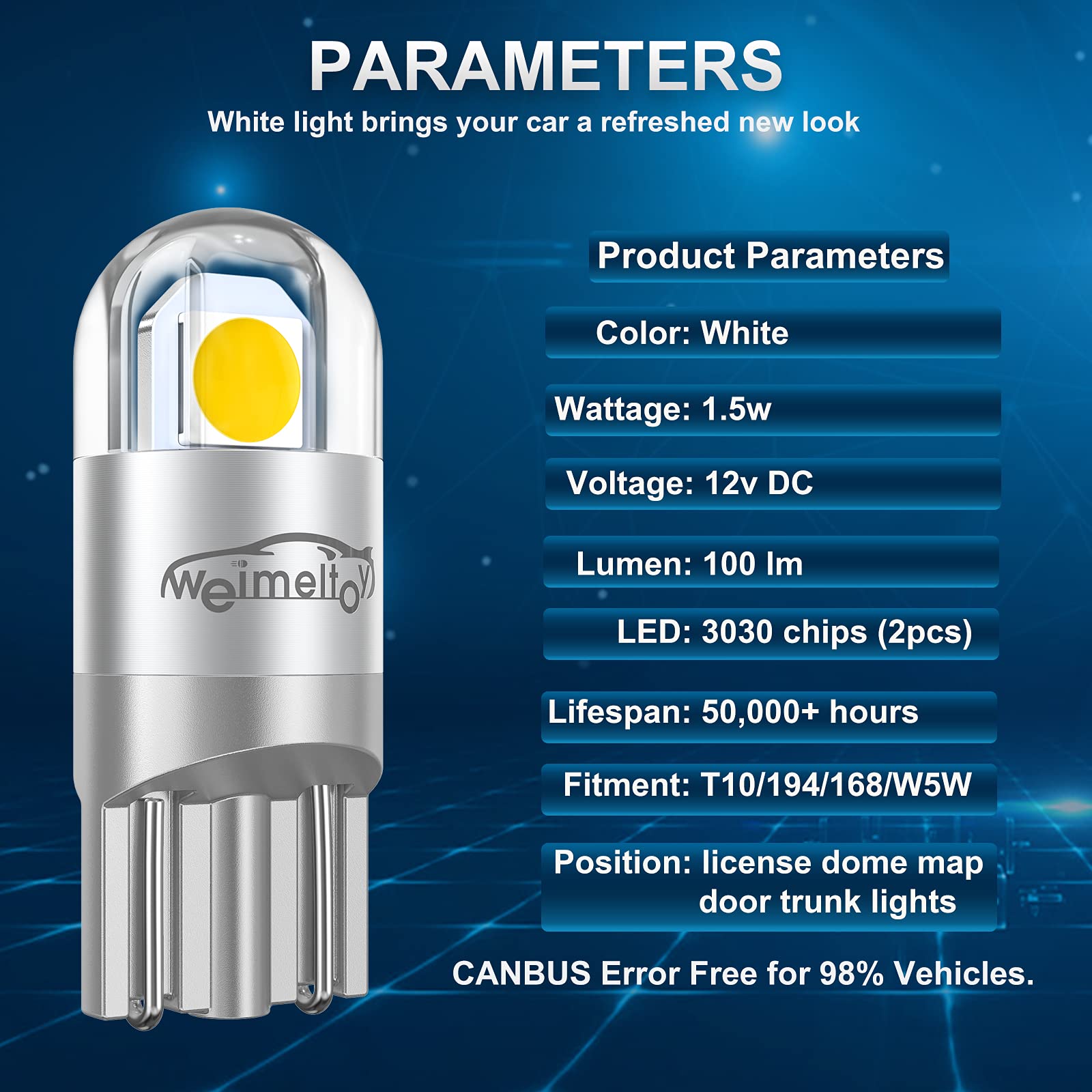 WEIMELTOY 194 Led Car Bulb 3030 Chipset 2SMD T10 194 168 W5W Led Wedge Light Bulb 1.5W 12V License Plate Courtesy Step Map Lights Trunk Lamp Clearance Lights (12pcs)