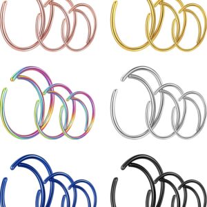 Gejoy 18 Pieces 20 G Moon Nose Ring Surgical Steel Septum Ring for Cartilage Helix Ear Piercing, 3 Sizes, 6 Colors