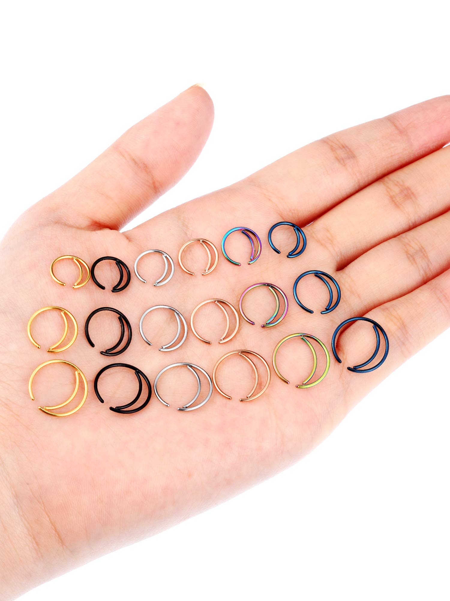 Gejoy 18 Pieces 20 G Moon Nose Ring Surgical Steel Septum Ring for Cartilage Helix Ear Piercing, 3 Sizes, 6 Colors