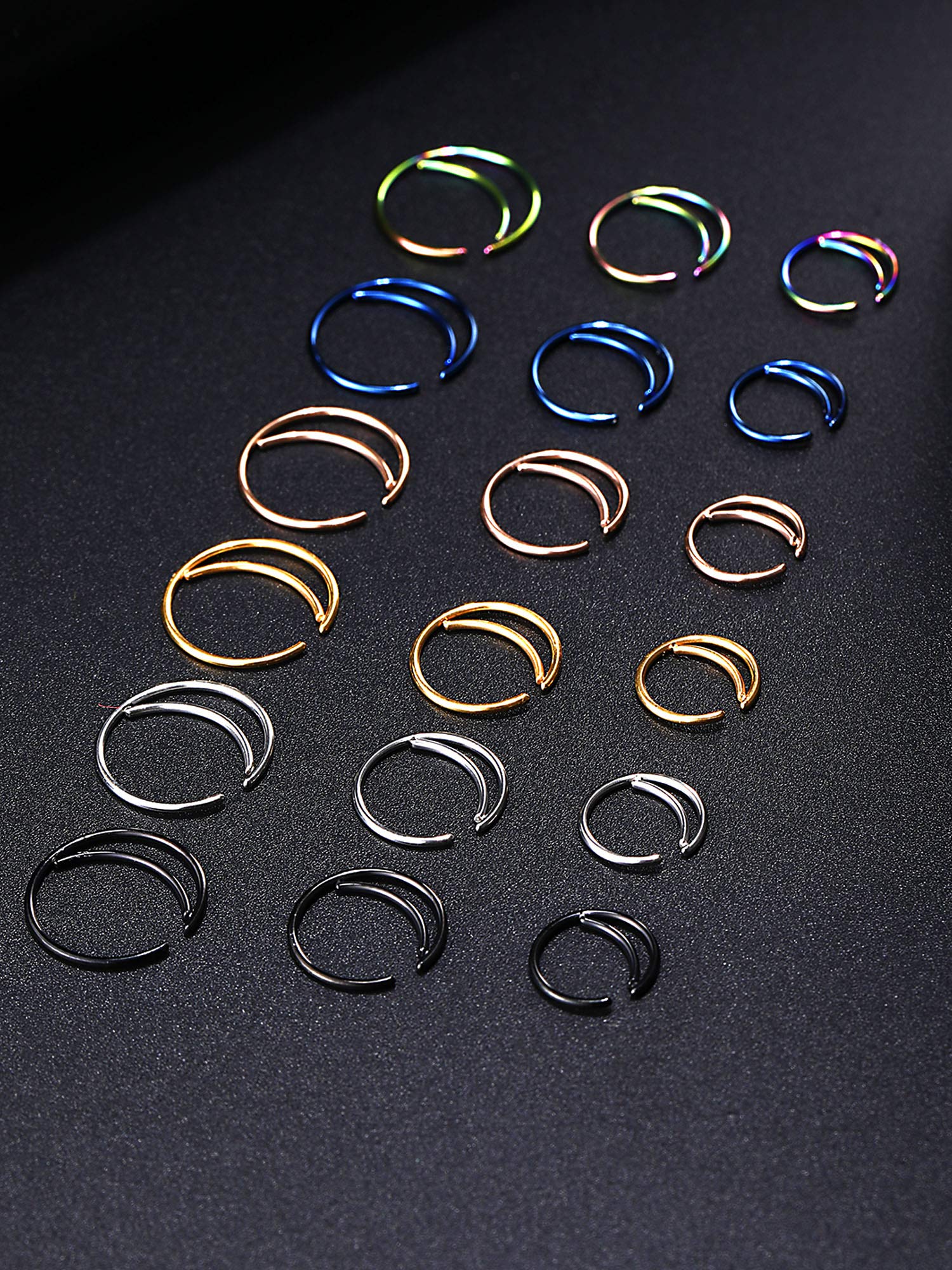 Gejoy 18 Pieces 20 G Moon Nose Ring Surgical Steel Septum Ring for Cartilage Helix Ear Piercing, 3 Sizes, 6 Colors