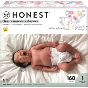 the honest company clean conscious diapers | plant-based, sustainable | rose blossom + tutu cute | super club box, size 1 (8-14 lbs), 160 count