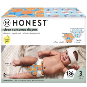 the honest company clean conscious diapers | plant-based, sustainable | orange you cute + feeling nauti | super club box, size 3 (16-28 lbs), 136 count