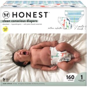 the honest company clean conscious diapers | plant-based, sustainable | dots & dashes + multi-colored giraffes | super club box, size 1 (8-14 lbs), 160 count