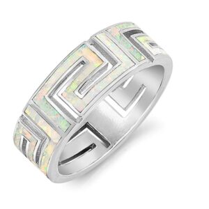 white simulated opal greek key wide wedding ring .925 sterling silver band size 5