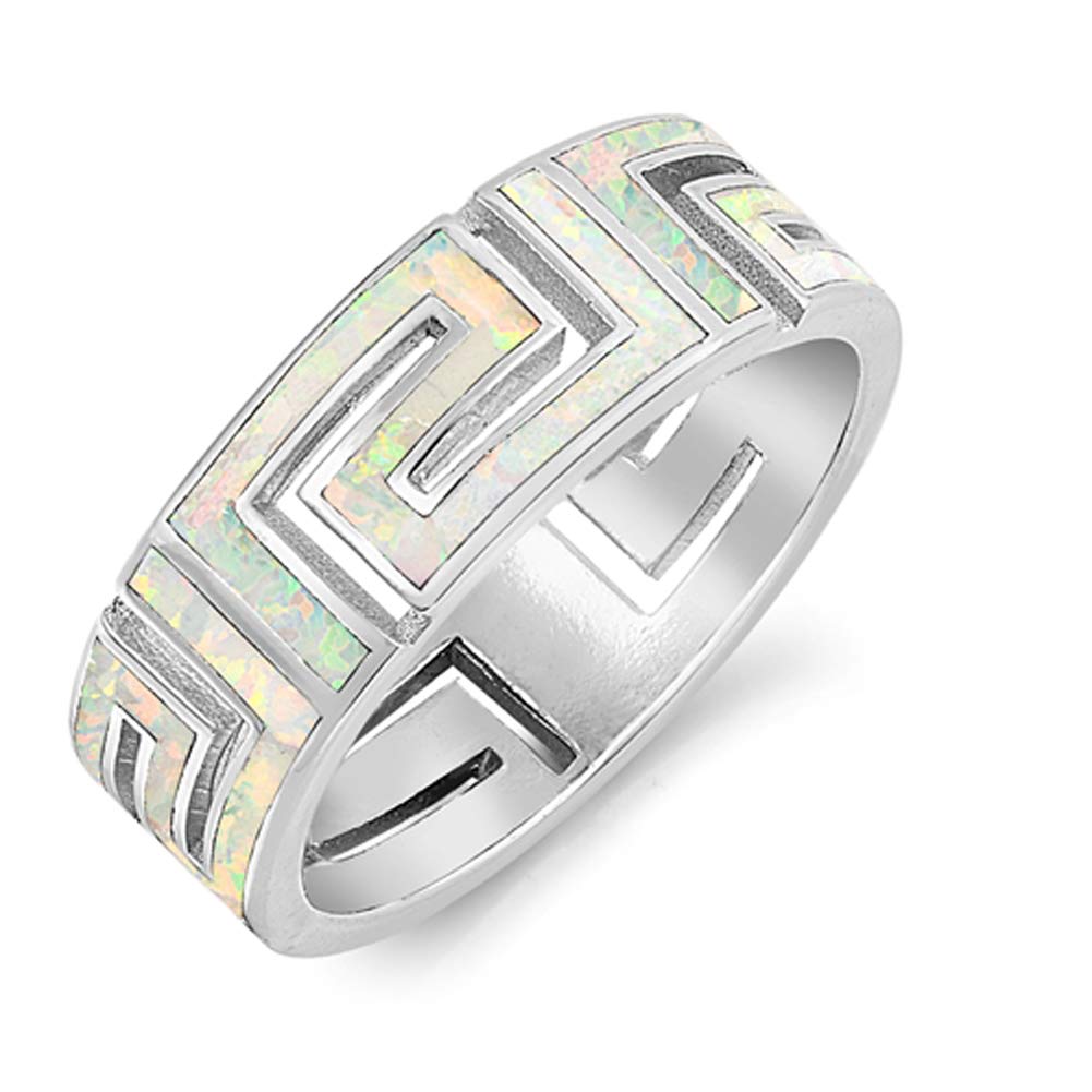 White Simulated Opal Greek Key Wide Wedding Ring .925 Sterling Silver Band Size 5