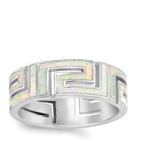 White Simulated Opal Greek Key Wide Wedding Ring .925 Sterling Silver Band Size 5