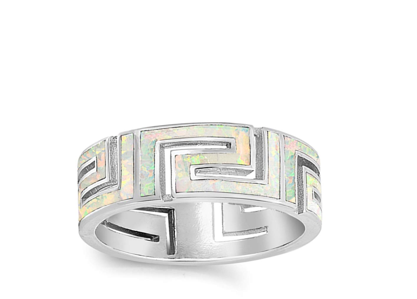 White Simulated Opal Greek Key Wide Wedding Ring .925 Sterling Silver Band Size 5