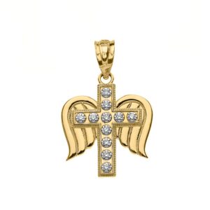 double angel wing cross diamond charm pendant in 14k yellow gold