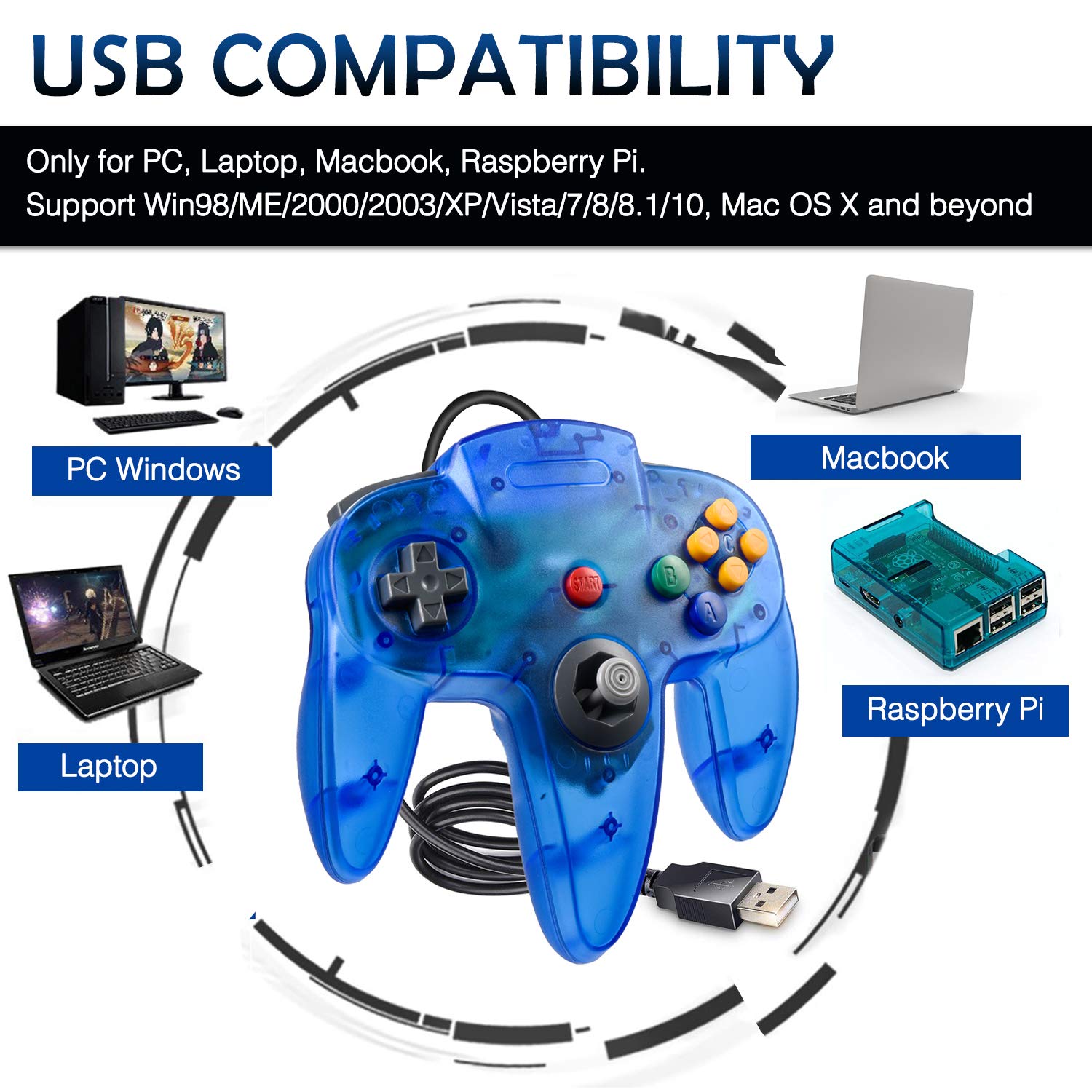 Classic USB Controller for N64 Gaming, miadore USB Retro N64 Gamepad Joystick Joypad for Windows PC MAC Linux Raspberry Pi 3 (Clear Blue) [Windows]