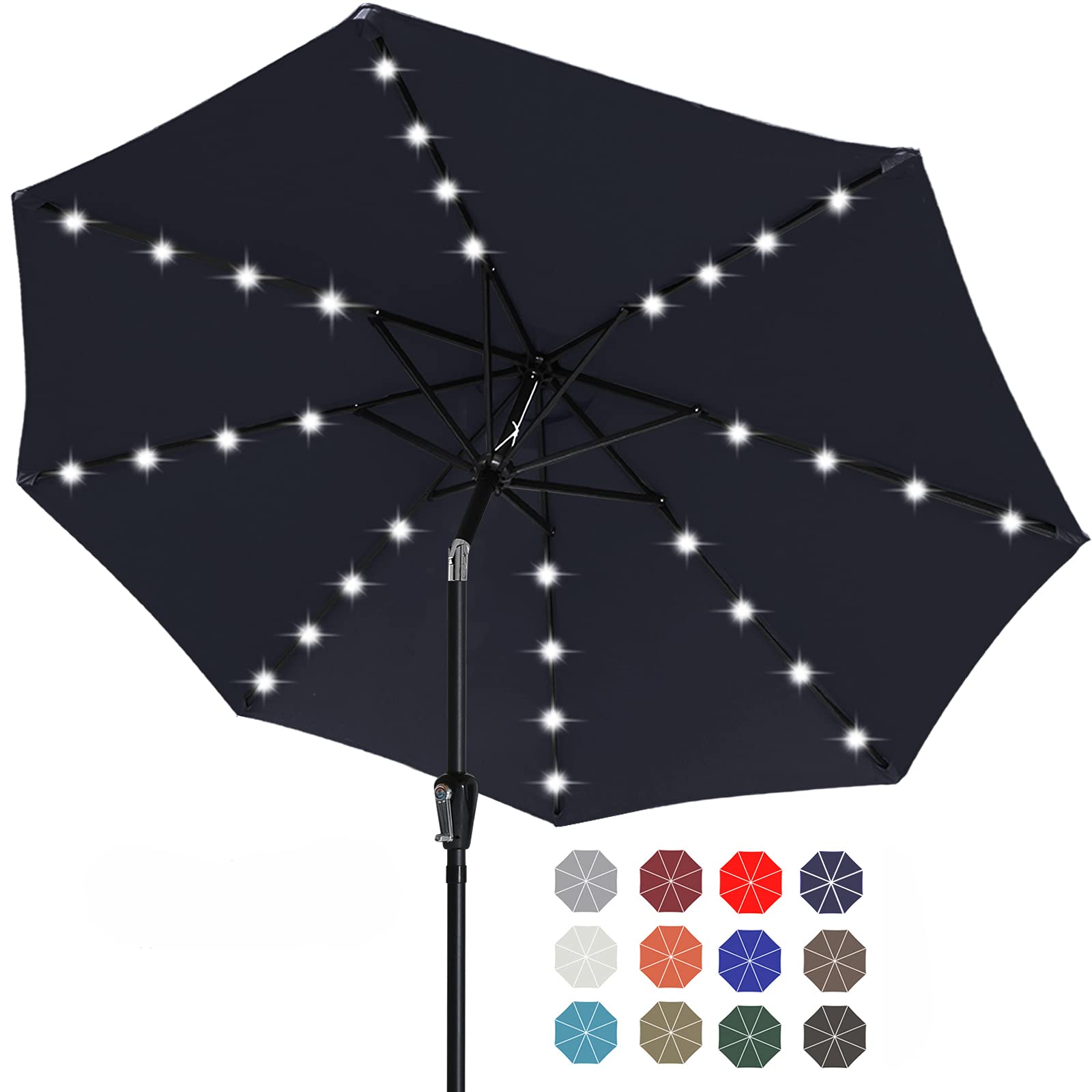 ABCCANOPY Durable Solar Led Patio Umbrellas with 32LED Lights 9FT (Navy Blue)