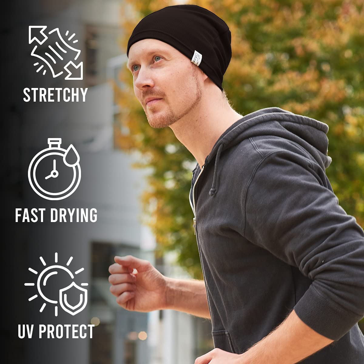 CHARM Mens Running Sports Beanie - Gym Caps Sweat Wicking Bike Hat Helmet Liner Black