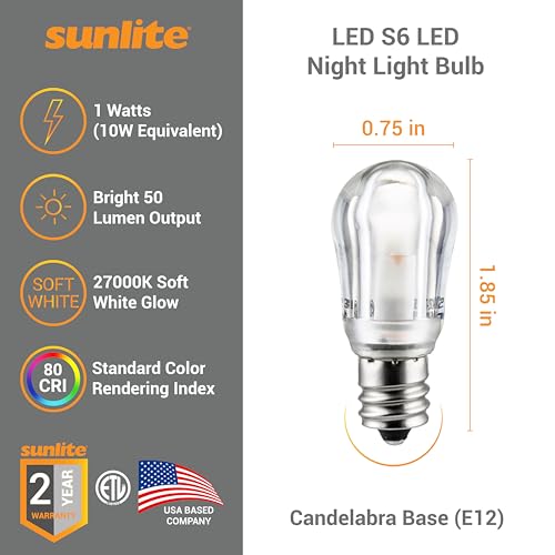 Sunlite S6 LED Night Light Bulb, 1 Watt (10W Equivalent), 50 Lumens, 120V, Non-Dimmable, E12 Candelabra Base, 150 Degree Beam Angle, ETL Listed, 2700K Soft White, 6 Pack