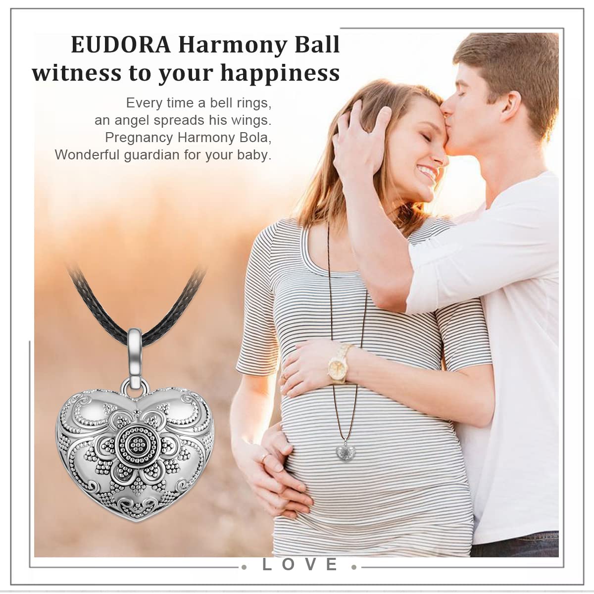 EUDORA Harmony Ball Necklace Vintage Heart Chime Bola Pendant 30" & 45" Rope for Pregnancy Women Silver Plated Copper