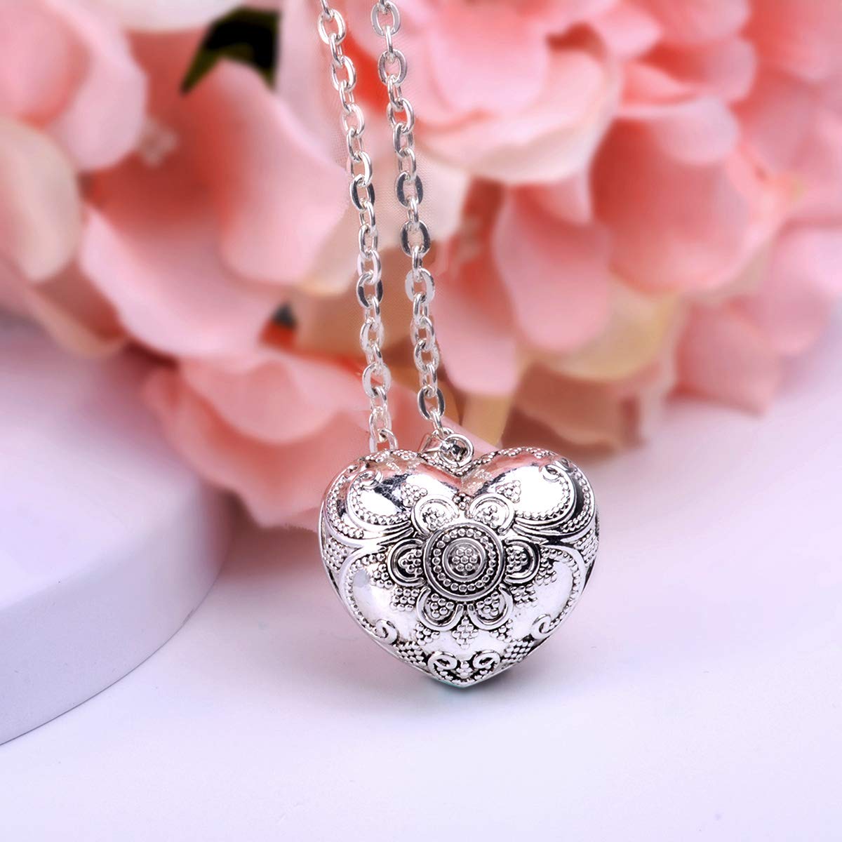 EUDORA Harmony Ball Necklace Vintage Heart Chime Bola Pendant 30" & 45" Rope for Pregnancy Women Silver Plated Copper