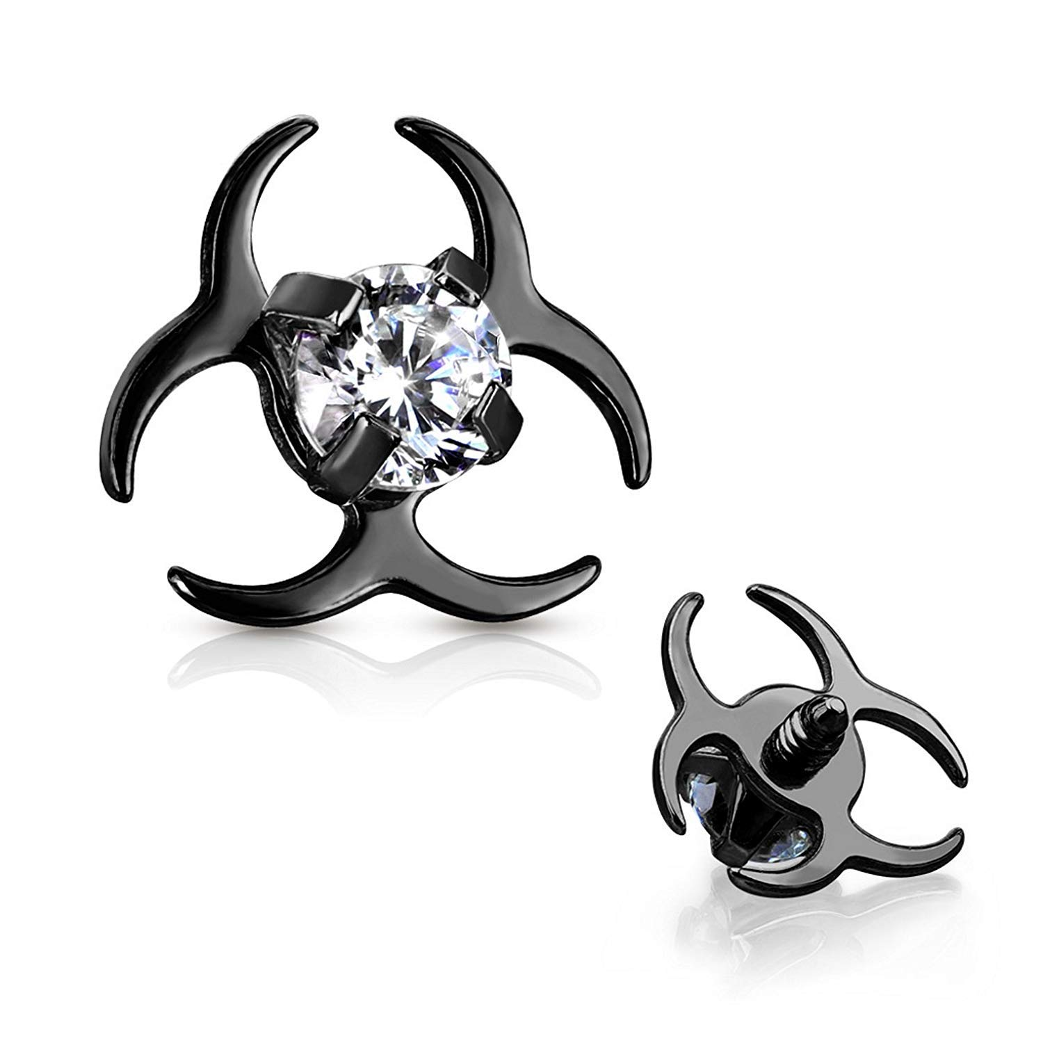 Covet Jewelry Clear CZ Centered Biohazard Symbol Internally Threaded 316L Surgical Steel Dermal Top (Black/Clear)