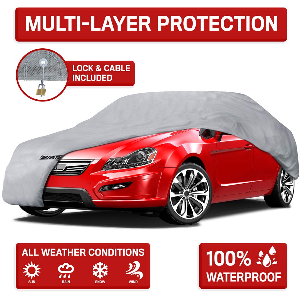 Motor Trend 4-Layer 4-Season Waterproof Car Cover All Weather Water-proof Outdoor UV Protection for Heavy Duty Use Full Cover for Cars Up to 210"