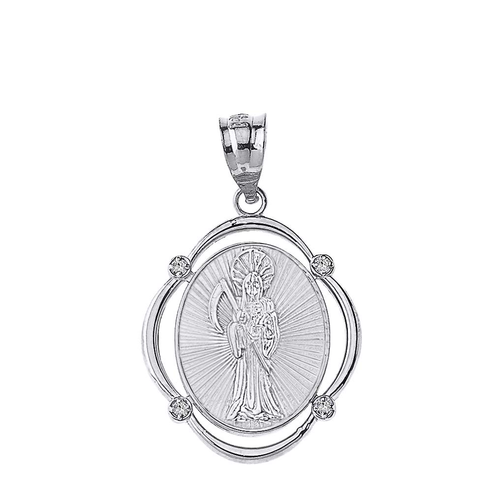 Claddagh Gold 925 Sterling Silver Santa Muerte (Grim Reaper) CZ Oval Frame Pendant