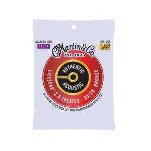 martin authentic acoustic guitar strings, lifespan 2.0 treated, custom light, 80/20 bronze