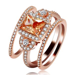 uloveido sqaure orange yellow cz zircon 3-stone stack rings set for anniversary bridal bridesmaid, rose gold plated cubic zirconia crystal rings eternity bands (size 10) y434