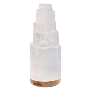 wbm selenite crystal lamp 20cm, hand curved morocco |skyscraper| crystals and healing stones,(etl certified) with wooden base & usb charging cable for healing cleansing & meditation