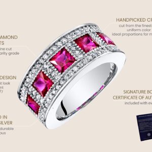 PEORA Sterling Silver Princess Cut Created Ruby Anniversary Ring Band Wide Width 2 Carats Size 6