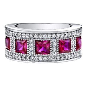 PEORA Sterling Silver Princess Cut Created Ruby Anniversary Ring Band Wide Width 2 Carats Size 6