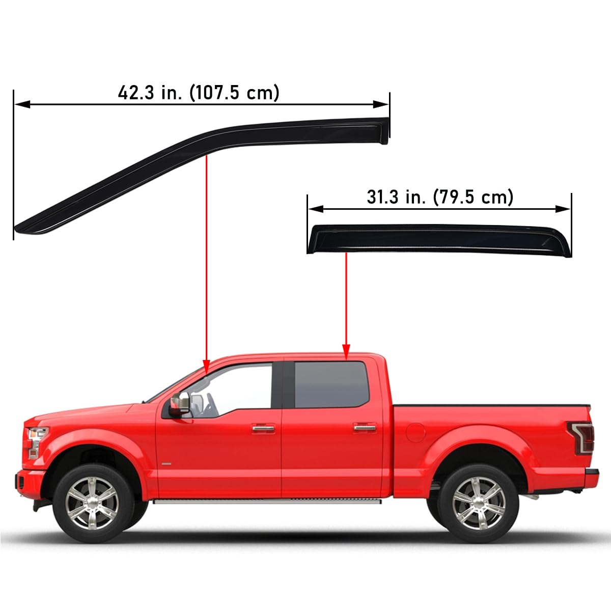 Lightronic WV94975 Outside-Mount Side Window Deflector & Visor, Dark Smoke, 4-PCS Set, Fits 2015-2024 Ford F-150, 2017-2024 F-150 Raptor & F-250/F-350 Super Duty, 2022-2024 F-150 Lightning, SuperCrew