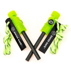 swiss safe 5-in-1 magnesium ferro rod fire starter survival tool - flint & steel striker, compass, paracord & whistle - emergency kit for backpacking, camping, hiking - all-weather - glow, 2-pack