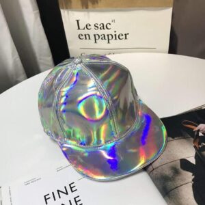 FALETO Adjustable Shiny Holographic Baseball Cap Rainbow Reflective Hip Hop Rave Hat Metallic Casual Cap