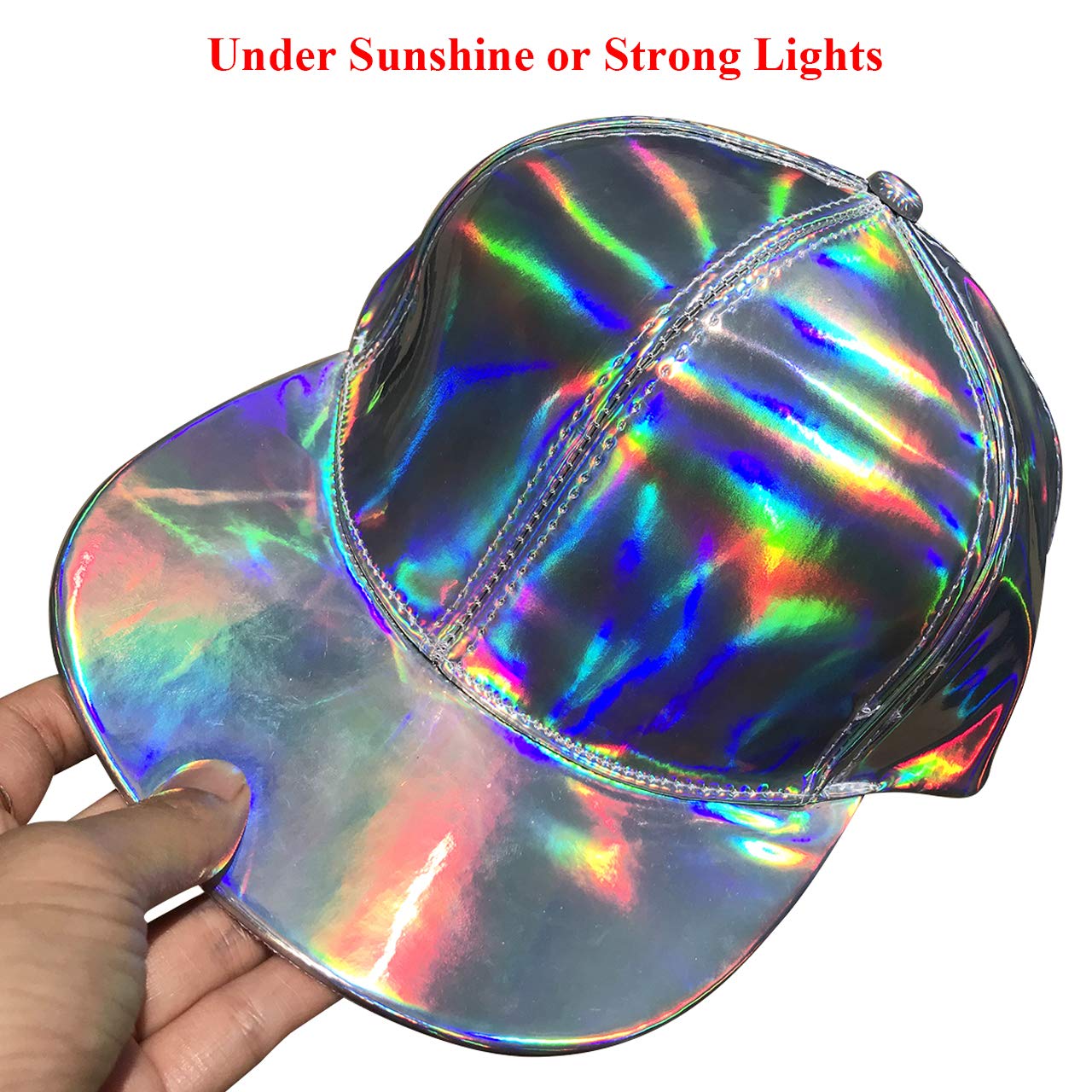 FALETO Adjustable Shiny Holographic Baseball Cap Rainbow Reflective Hip Hop Rave Hat Metallic Casual Cap