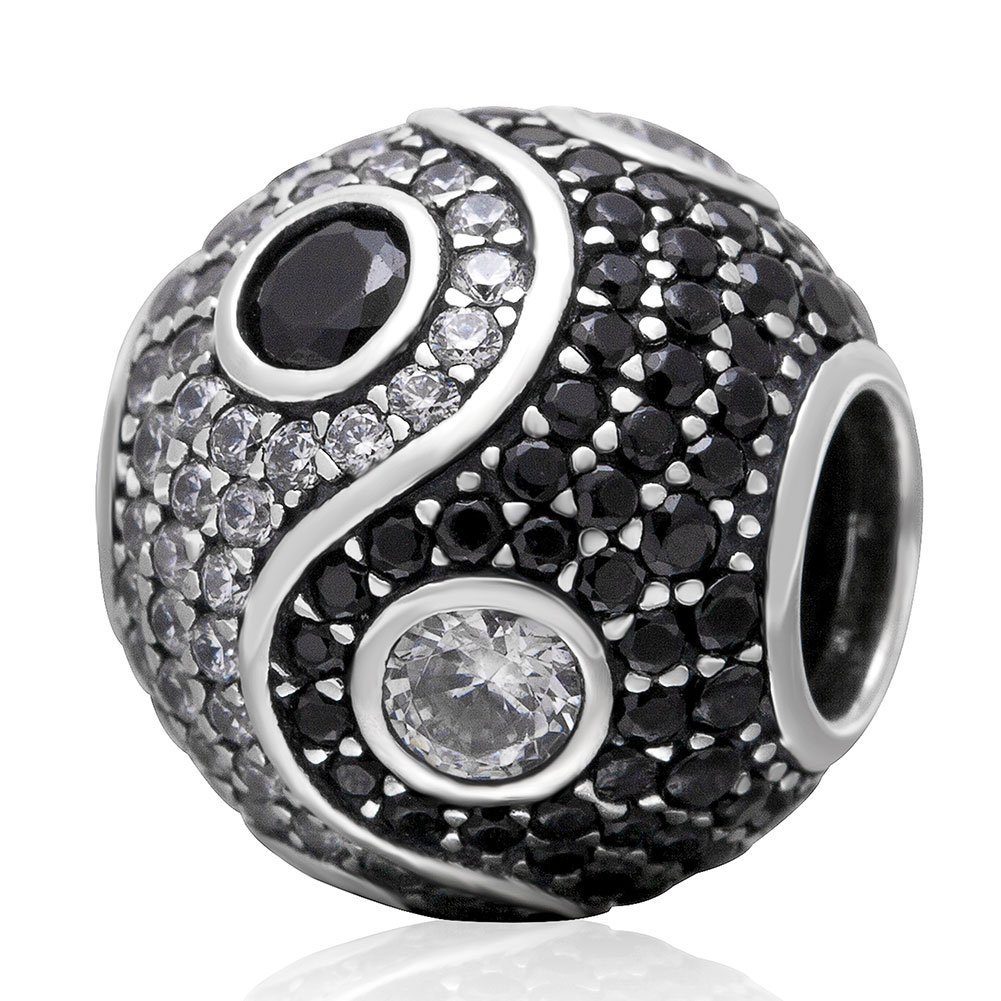 Yin Yang Charms 925 Sterling Silver Chinese Tai Chi Charm with Stone Fits Pandora European Bracelet (Round)