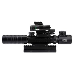 Pinty Rifle Scope 3-9x32 Rangefinder Illuminated Optics Red Green Reflex 4 Reticle Sight Green Dot Laser Sight with 14 Slots 1 inch High Riser Mount,45 Degree Mount