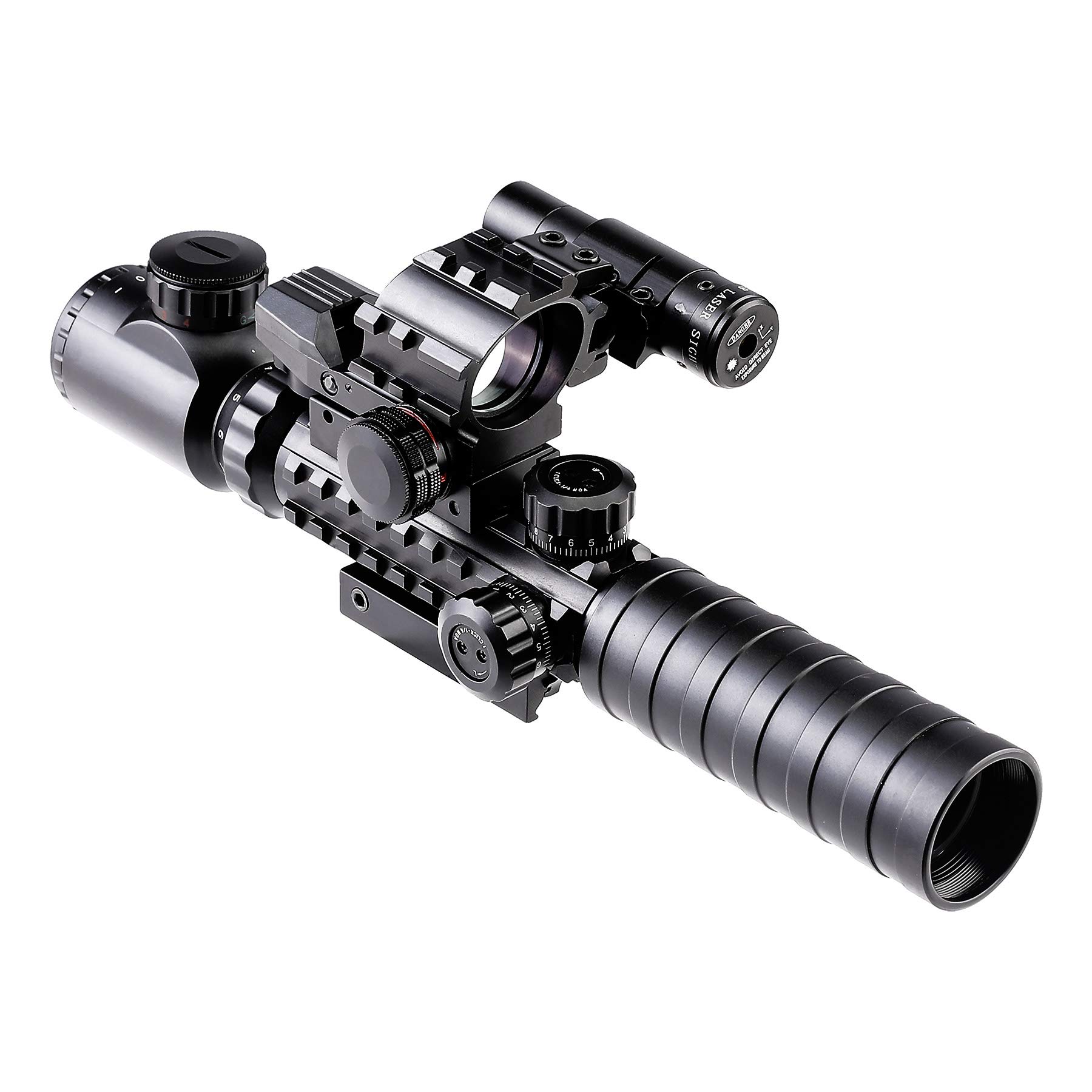 Pinty Rifle Scope 3-9x32 Rangefinder Illuminated Optics Red Green Reflex 4 Reticle Sight Green Dot Laser Sight with 14 Slots 1 inch High Riser Mount,45 Degree Mount