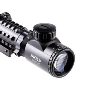 Pinty Rifle Scope 3-9x32 Rangefinder Illuminated Optics Red Green Reflex 4 Reticle Sight Green Dot Laser Sight with 14 Slots 1 inch High Riser Mount,45 Degree Mount