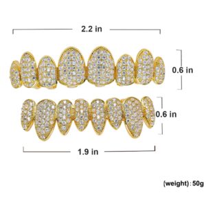 TSANLY Gold Grillz Iced Out CZ Diamond Top & Bottom Set Grill 24K Gold Plated Macro Pave Teeth Grills - EXTRA Molding Bars Included + Storage Case + Microfiber Cloth