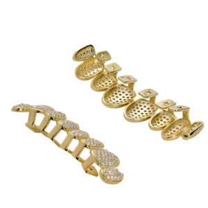 TSANLY Gold Grillz Iced Out CZ Diamond Top & Bottom Set Grill 24K Gold Plated Macro Pave Teeth Grills - EXTRA Molding Bars Included + Storage Case + Microfiber Cloth