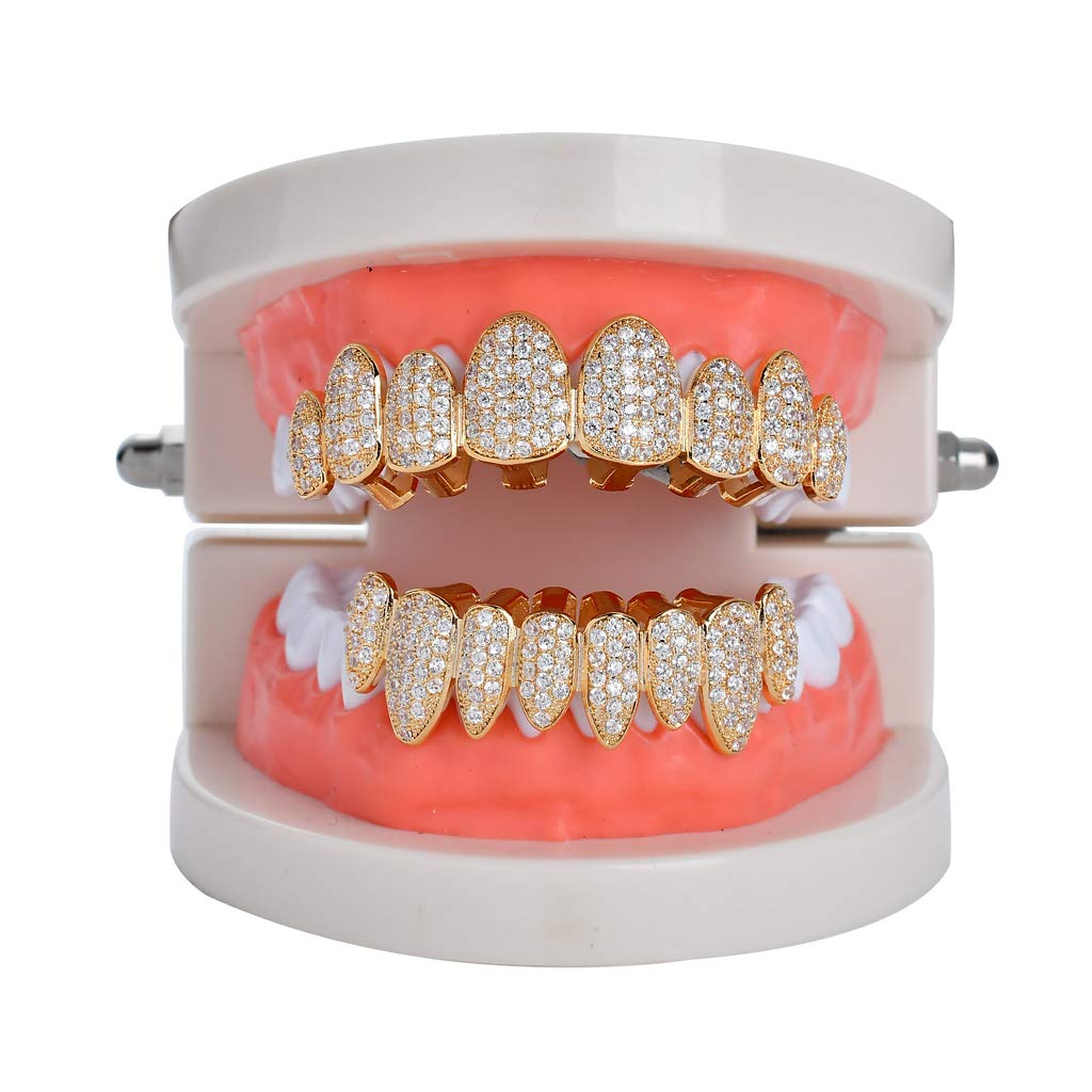 TSANLY Gold Grillz Iced Out CZ Diamond Top & Bottom Set Grill 24K Gold Plated Macro Pave Teeth Grills - EXTRA Molding Bars Included + Storage Case + Microfiber Cloth