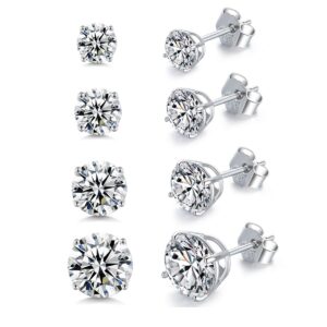 sterling silver cubic zirconia cz stud earrings round cut 3mm 4mm 5mm 6mm clear crystal for men women 4 sets