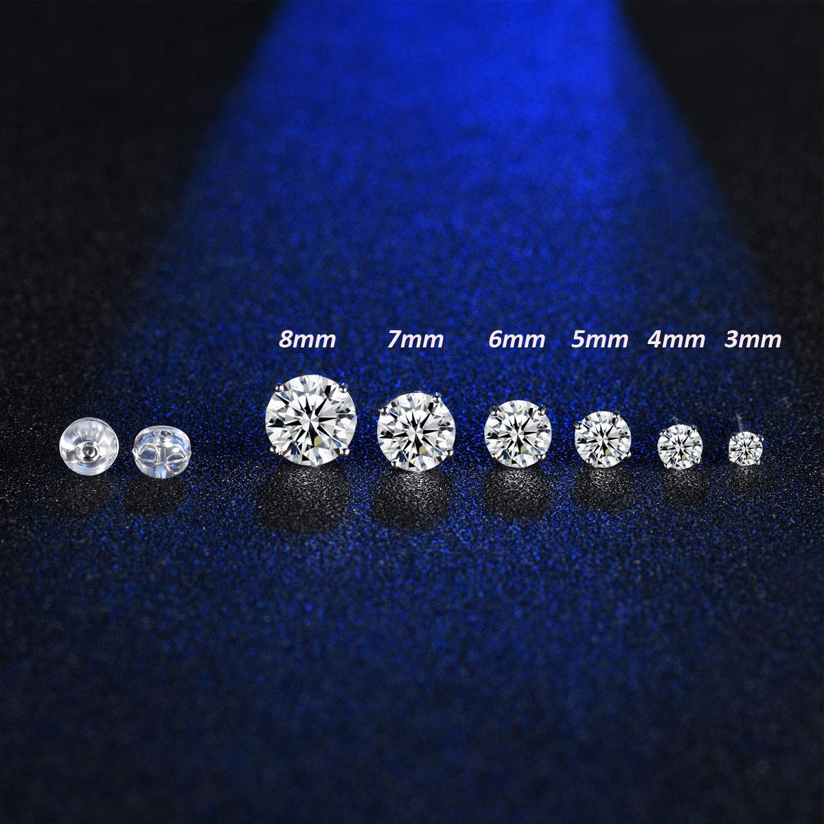 Sterling Silver Cubic Zirconia CZ Stud Earrings Round Cut 3mm 4mm 5mm 6mm Clear Crystal for Men Women 4 Sets