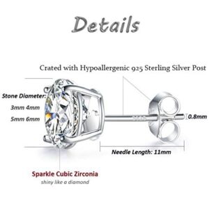 Sterling Silver Cubic Zirconia CZ Stud Earrings Round Cut 3mm 4mm 5mm 6mm Clear Crystal for Men Women 4 Sets