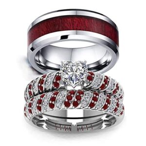 couple ring bridal set his and hers women 10k white gold filled heart garnet cz men titanium band 10k wedding ring band set