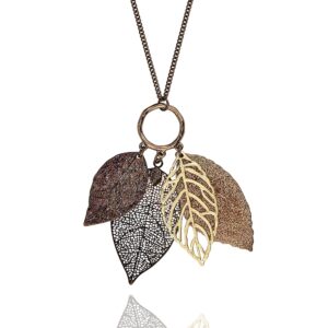 pomina chocolate gold silver two tone filigree fall leaf necklace fashion statement chic sweater chain long necklace for women (worn choco gold)